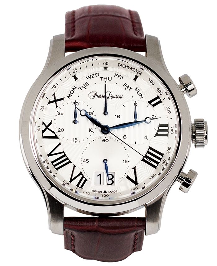 Pierre Laurent Men's Swiss Chronograph Brown Leather Strap Watch 46mm ...