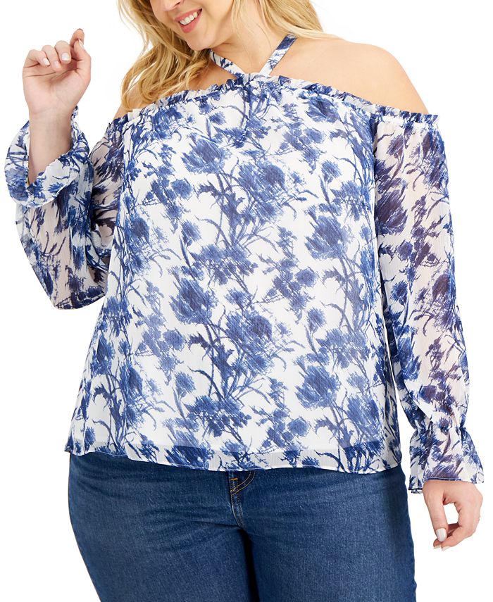 Inc International Concepts Plus Size Floral Print Cold Shoulder Blouse