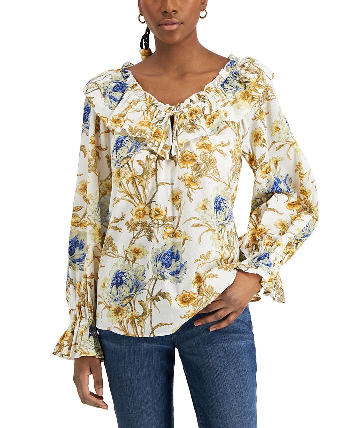 INC International Concepts Petite Floral-Print Tie-Front Ruffled Blouse ...