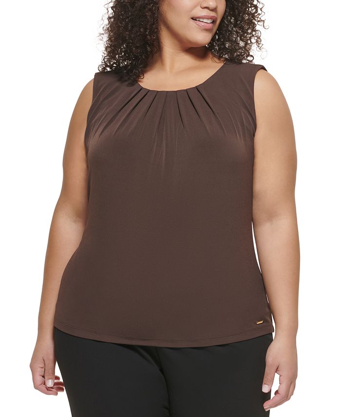 Calvin Klein Plus Size Pleated-Neck Top - Macy's