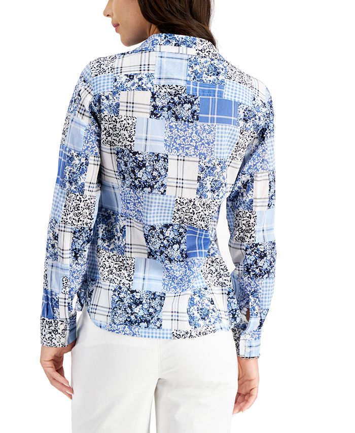 Tommy Hilfiger Women's Cotton Patchwork-Print Roll-Tab Shirt - Macy's