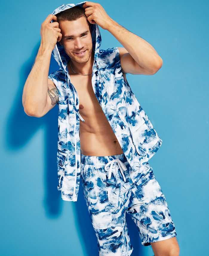 Royalty by Maluma Men's Fitted Wave-Print Full-Zip Hooded Utility Vest ...