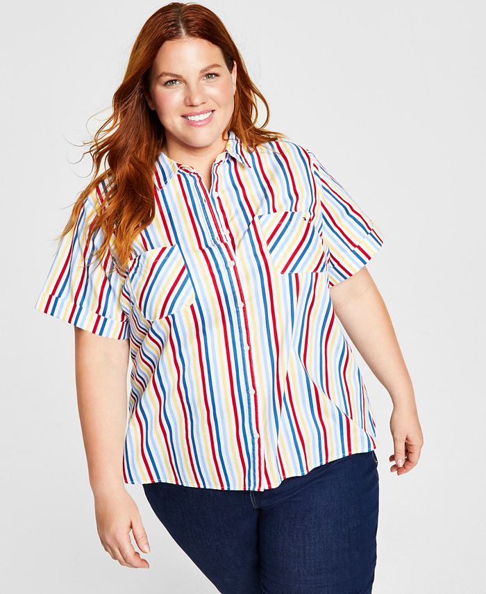Tommy Hilfiger Plus Size Striped Camp Shirt - Macy's