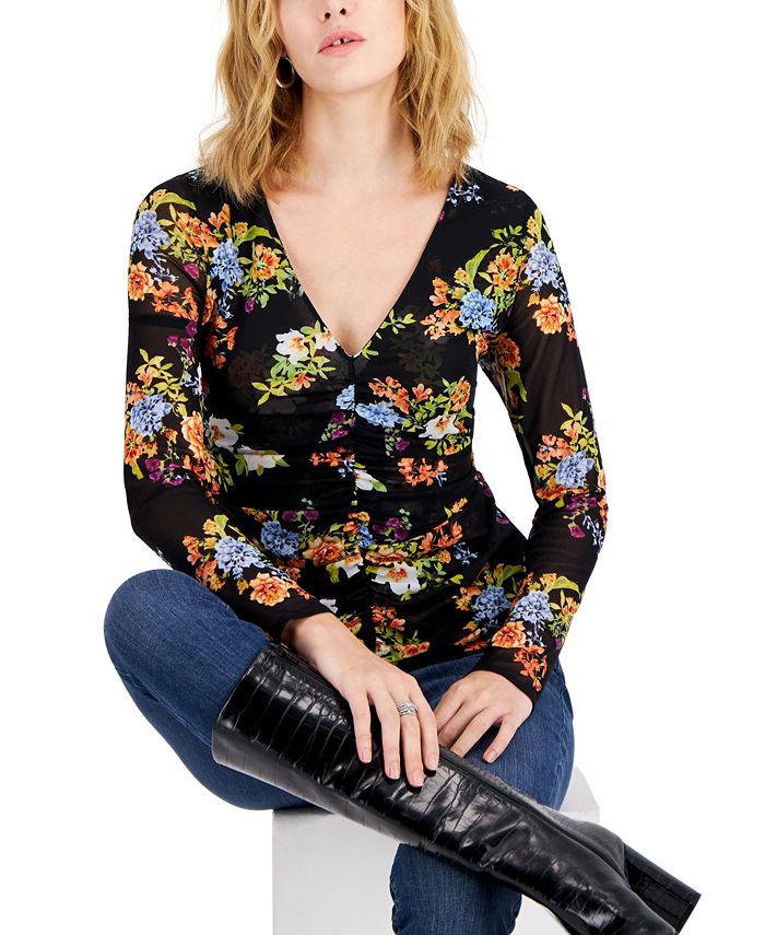 Inc International Concepts Womens Floral Print Ruched Center V Neck