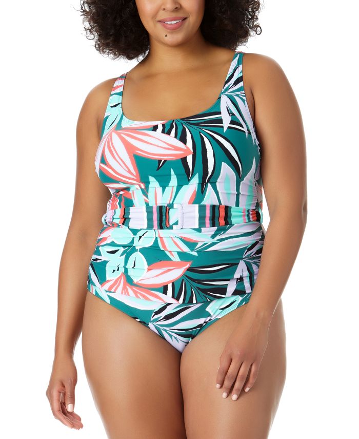 Anne Cole Plus Size Zesty Tropical Belted Scoop Neck One Piece Swimsuit