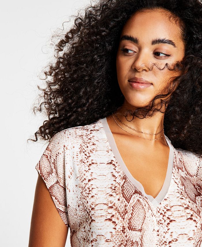 Bar III Women's Snake-Print Mesh-Trim V-Neck Top, Created for Macy's ...