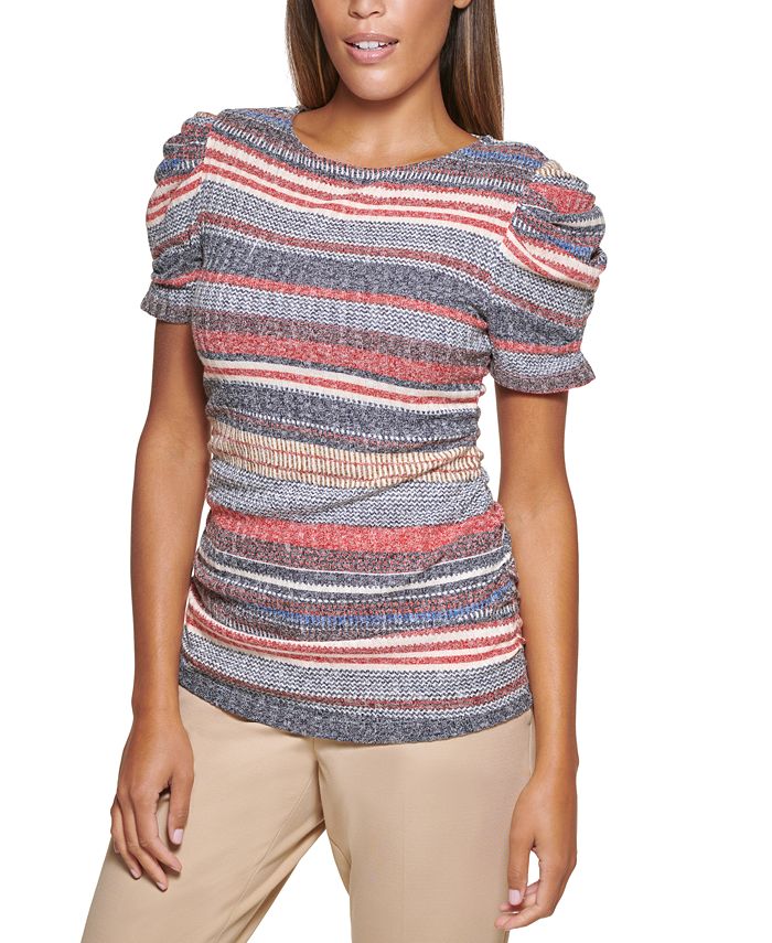 DKNY Women's Striped Ruched-Sleeve Knit Top - Macy's