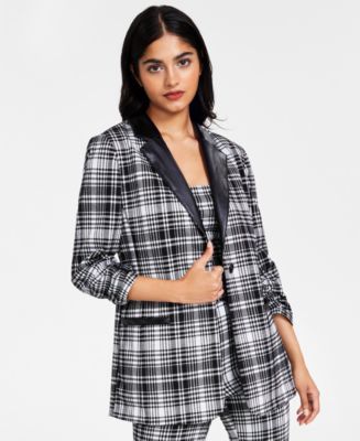 Bar III Women’s Plaid-Print Faux-Leather-Trim Blazer, Created for Macy ...