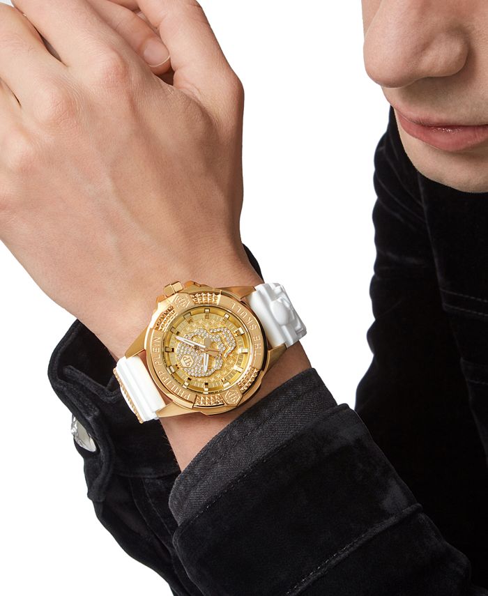 Philipp Plein Men's The $kull Gold-Tone and White Silicone Strap Watch ...