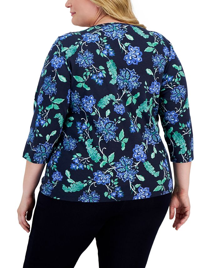 Karen Scott Plus Size Printed 3/4-Sleeve Henley Top, Created for Macy's ...