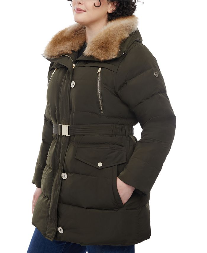 Michael Kors Women's Plus Size Belted Faux-Fur-Collar Down Puffer Coat ...
