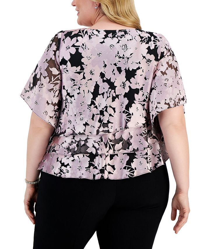 Alex Evenings Plus Size Floral-Print Tiered Elbow-Sleeve Top - Macy's
