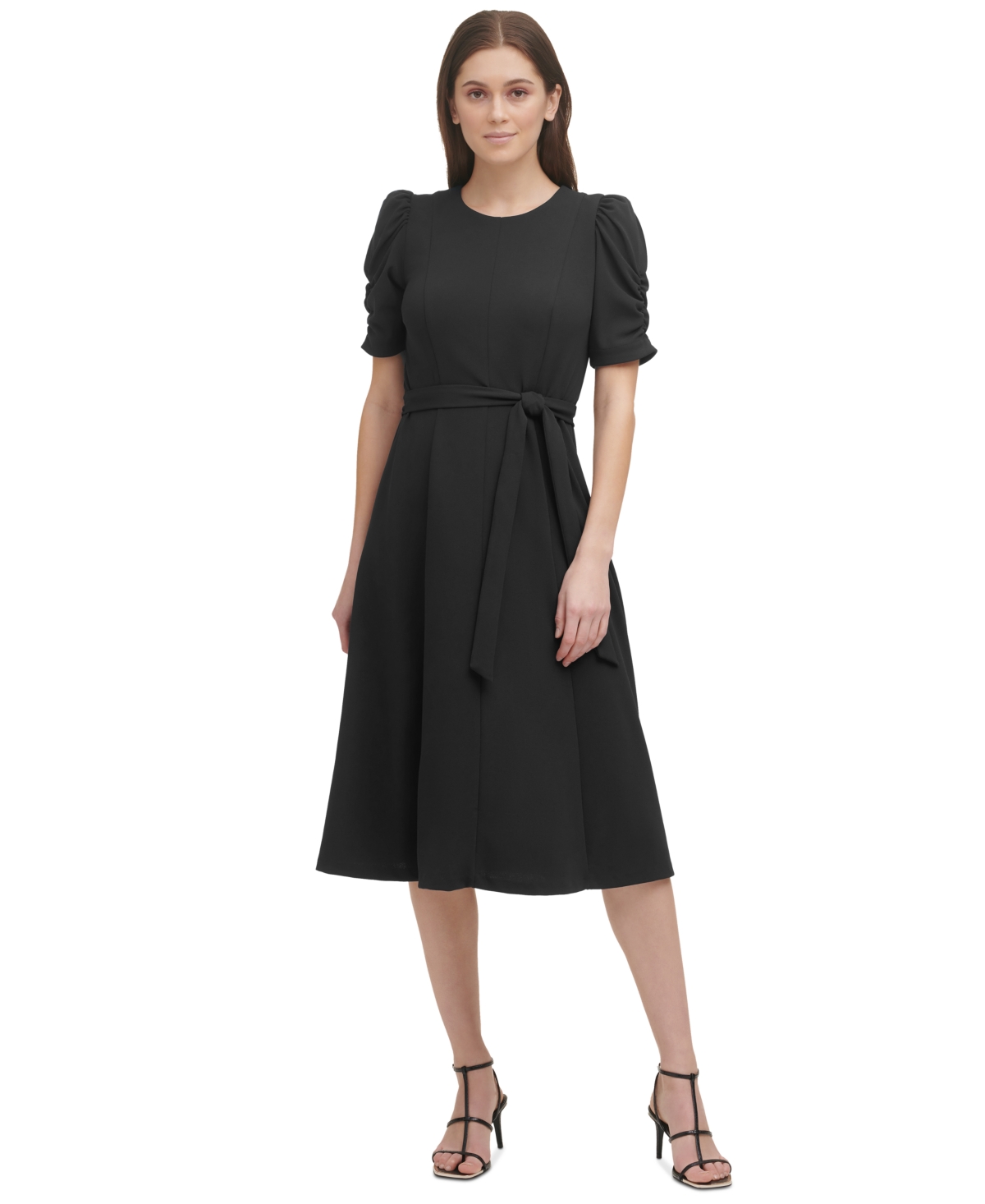 Click here for Dkny Womens Ruched-Sleeve Belted Fit and Flare Mid... prices