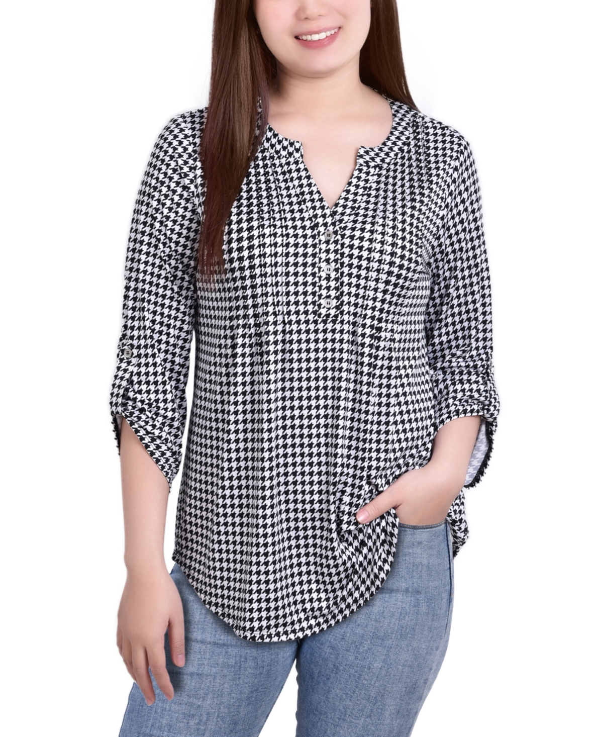 Click here for Ny Collection Petite Knit Jacquard 3/4 Sleeve Roll... prices