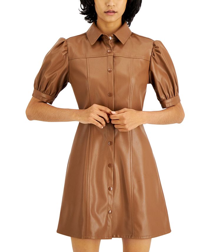 Kit & Sky Juniors' Faux-Leather Puff-Sleeve Button-Down Pleated Dress ...