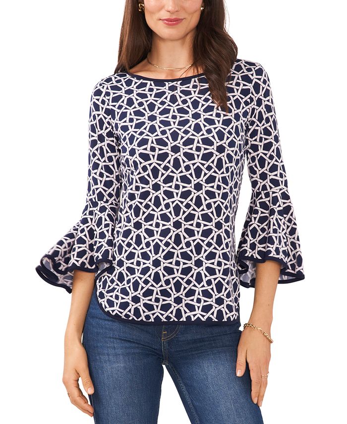 Sam & Jess Petite Floral-Print Bell-Sleeve Piped Top - Macy's
