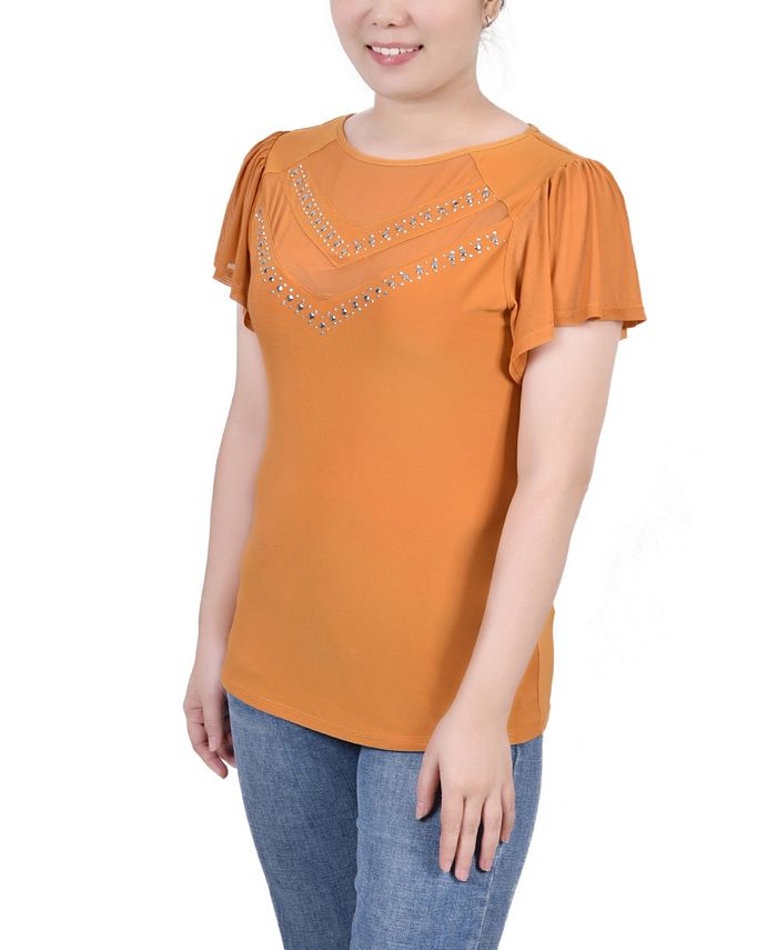NY Collection Women's Studded Top with Mesh Details - Macy's