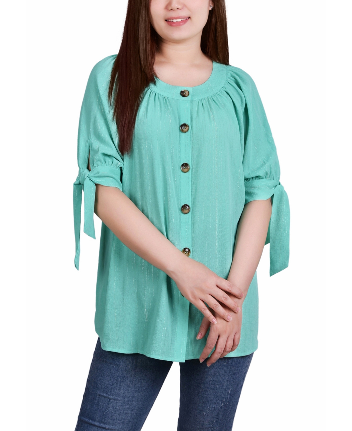 Petite Size Elbow Sleeve Tie-Sleeve Blouse - Biscay Green