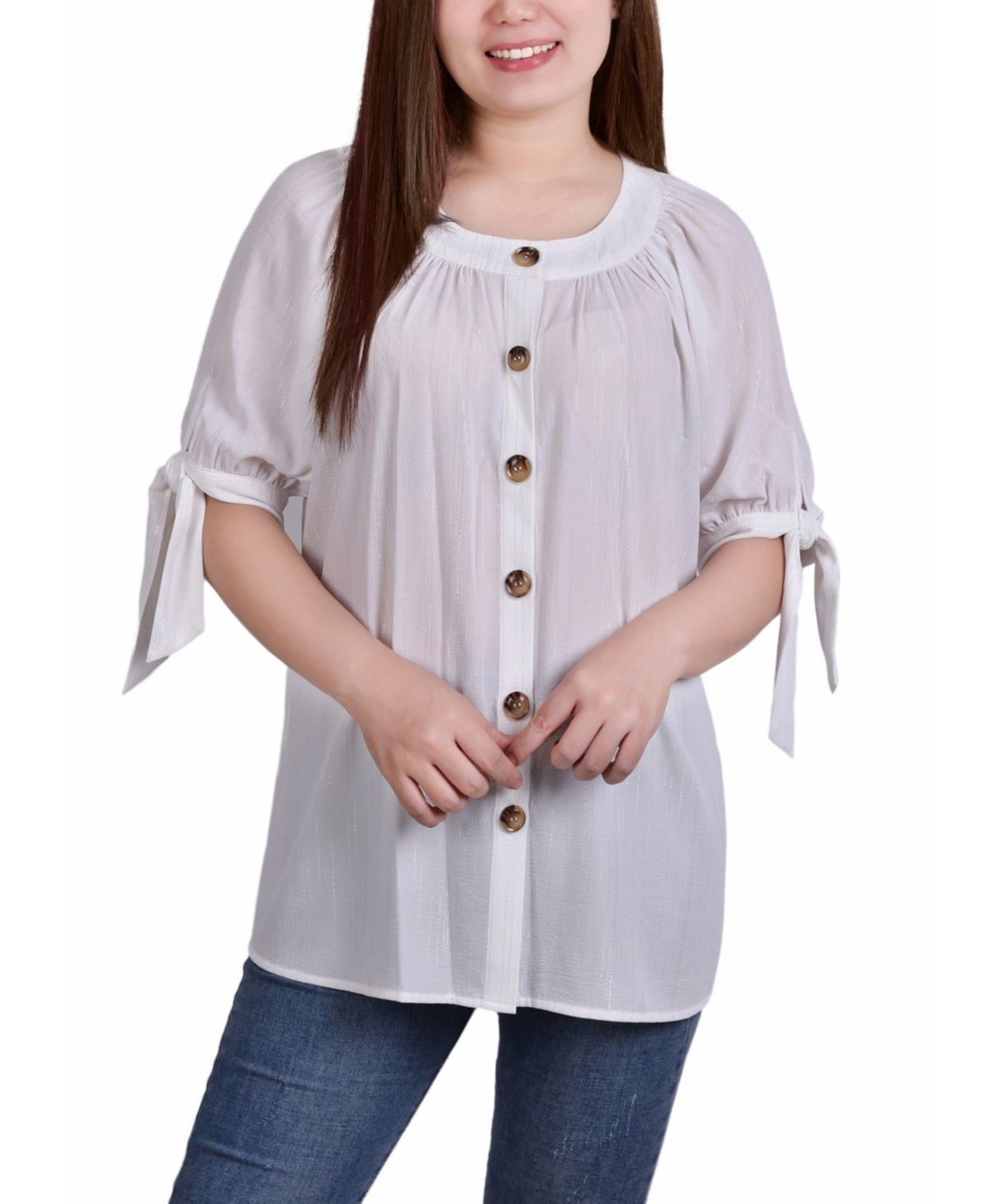 Click here for Petite Size Elbow Sleeve Tie-Sleeve Blouse - Ivory prices