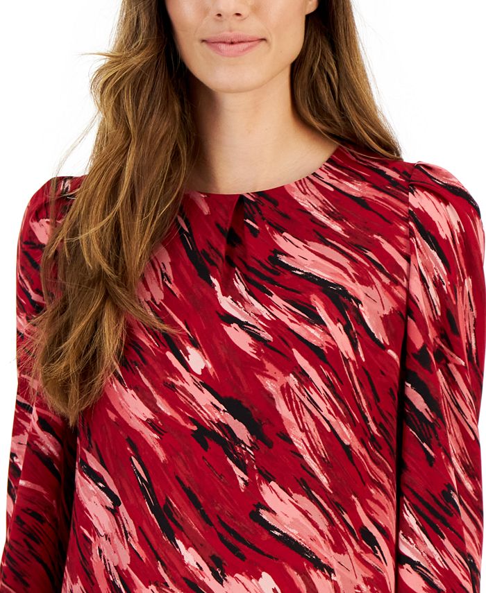Kasper Women's Pleat-Neck Printed Long-Sleeve Top - Macy's