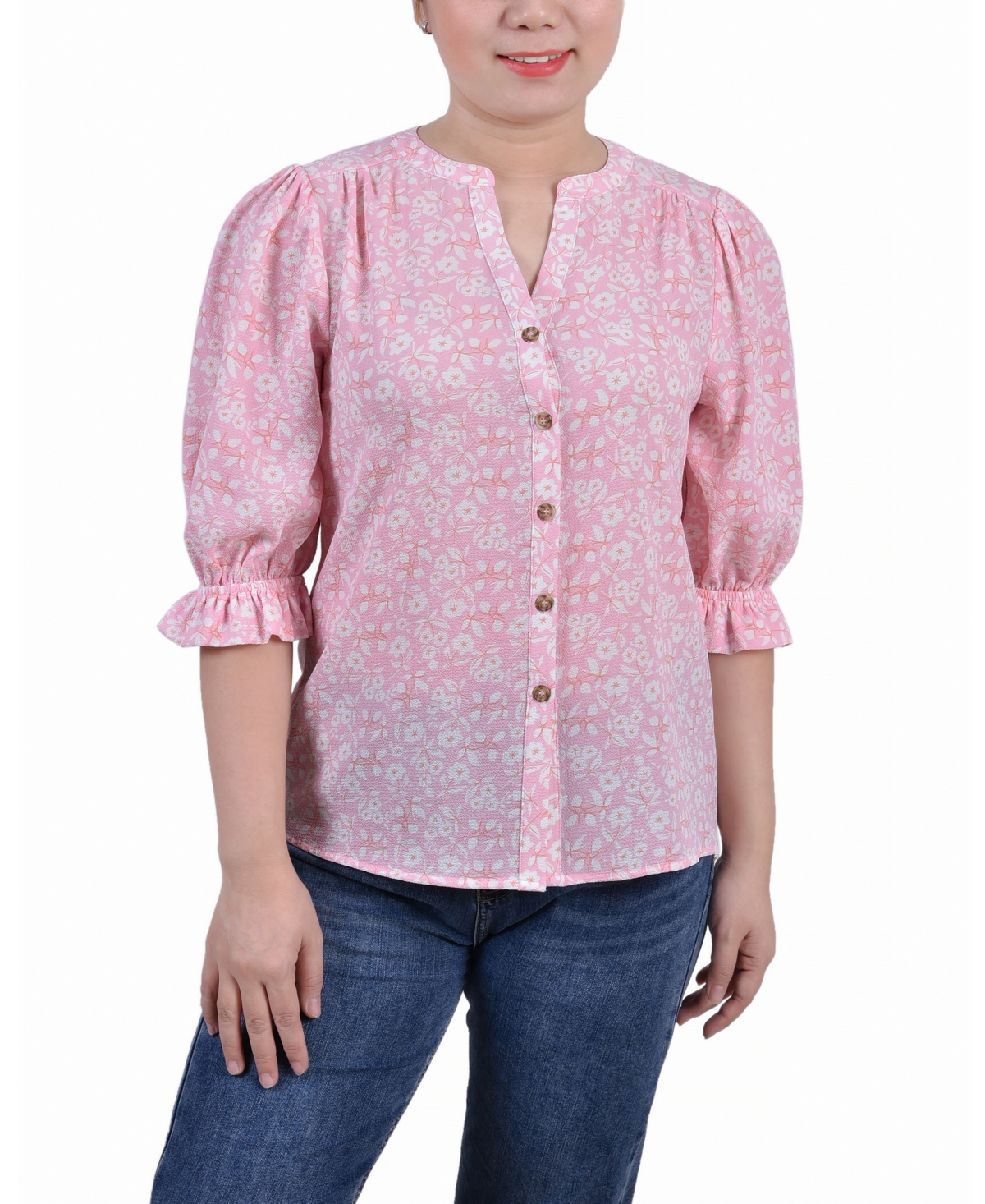Click here for Petite Elbow Sleeve Y-Neck Blouse - Blush Floral prices