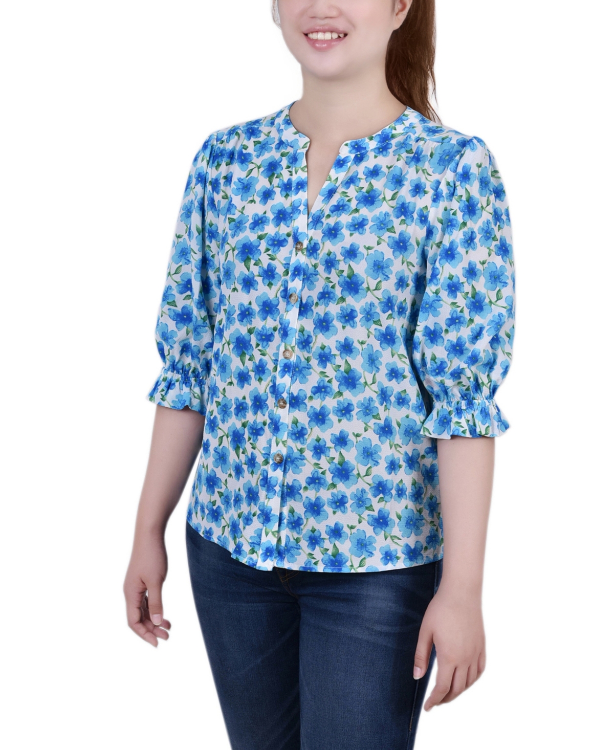 Click here for Petite Elbow Sleeve Y-Neck Blouse - Cream Blue prices