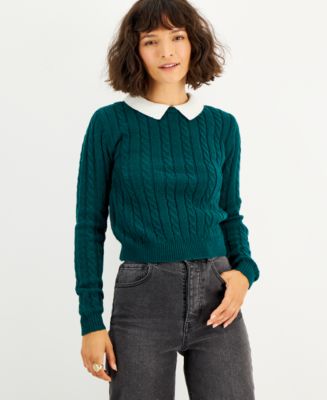 Crave Fame Juniors' Contrast Collar Cable-Knit Sweater - Macy's