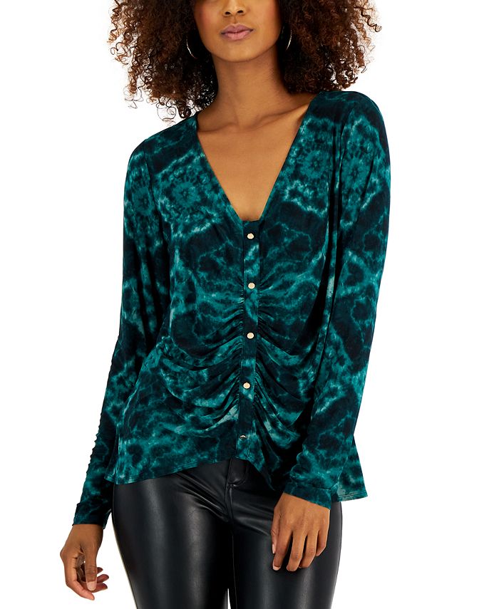 Inc International Concepts Womens Printed Ruched Long Sleeve V Neck