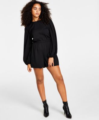 Bar III Women's Long-Sleeve Crewneck Tie-Back Romper, Created for Macy ...