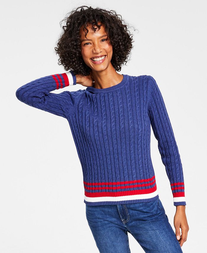 Tommy Hilfiger Women's Cotton Cable-Knit Tipped Sleeve Sweater ...