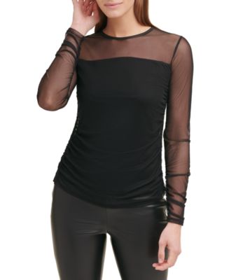 DKNY Women's Solid Sheer-Sleeve Crewneck Mesh Top - Macy's