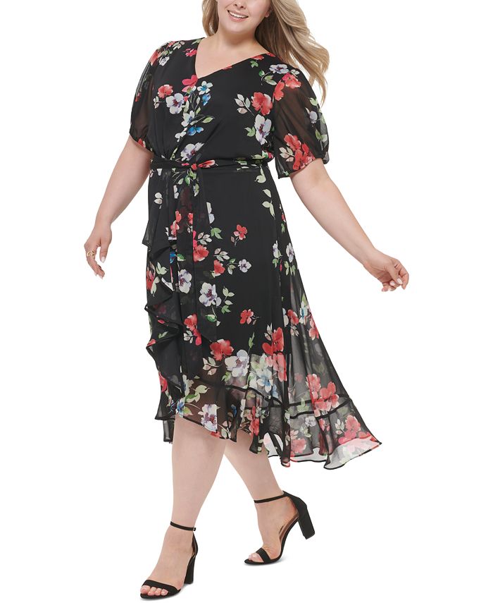 DKNY Plus Size Puff-Sleeve Ruffled Floral Chiffon Dress - Macy's