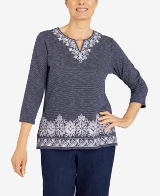 Alfred Dunner Petite Size Lake Placid Embroidered Mini Stripe Top - Macy's