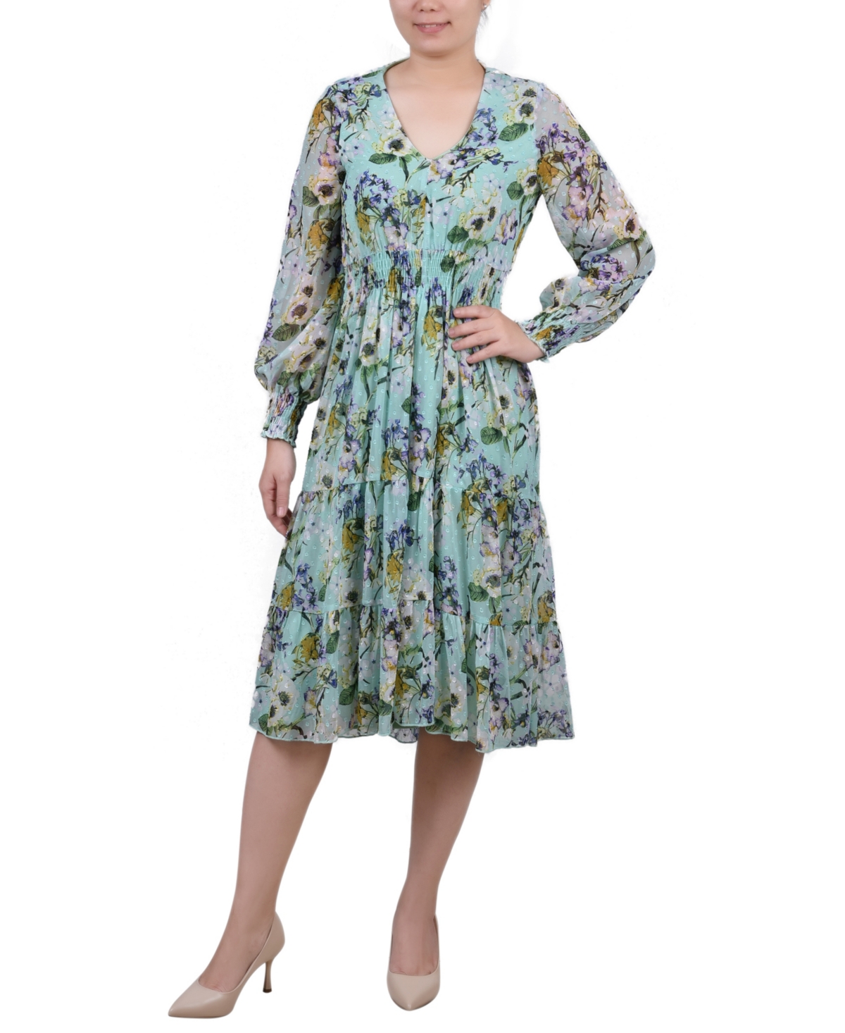 Click here for Womens Long Sleeve Clip Dot Chiffon Dress with Smo... prices
