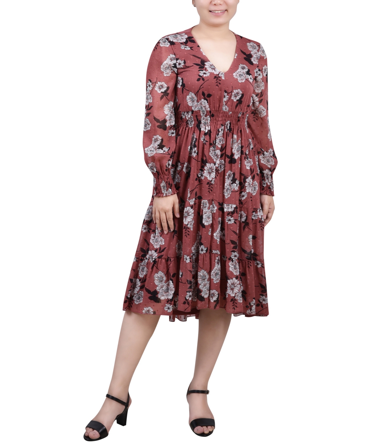 Click here for Womens Long Sleeve Clip Dot Chiffon Dress with Smo... prices