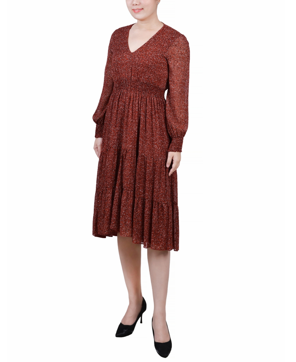 Click here for Womens Long Sleeve Clip Dot Chiffon Dress with Smo... prices