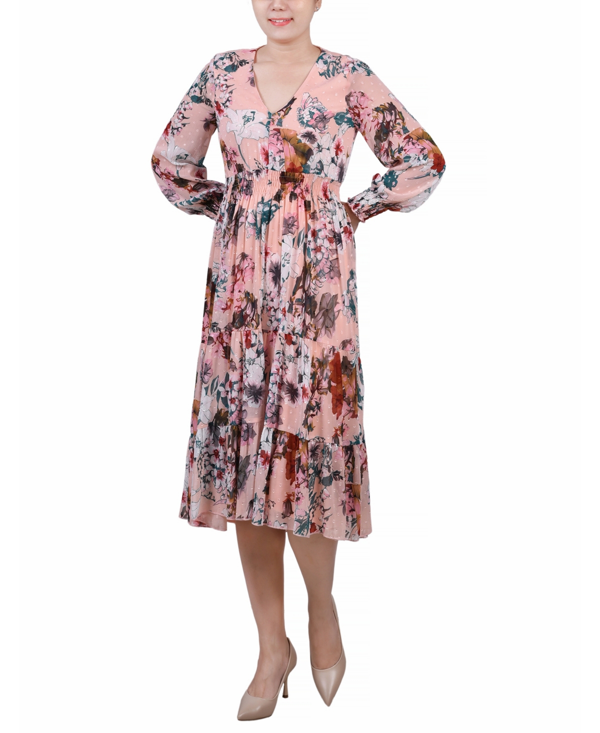 Click here for Womens Long Sleeve Clip Dot Chiffon Dress with Smo... prices
