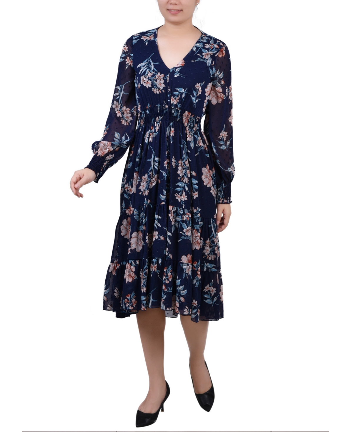 Click here for Womens Long Sleeve Clip Dot Chiffon Dress with Smo... prices