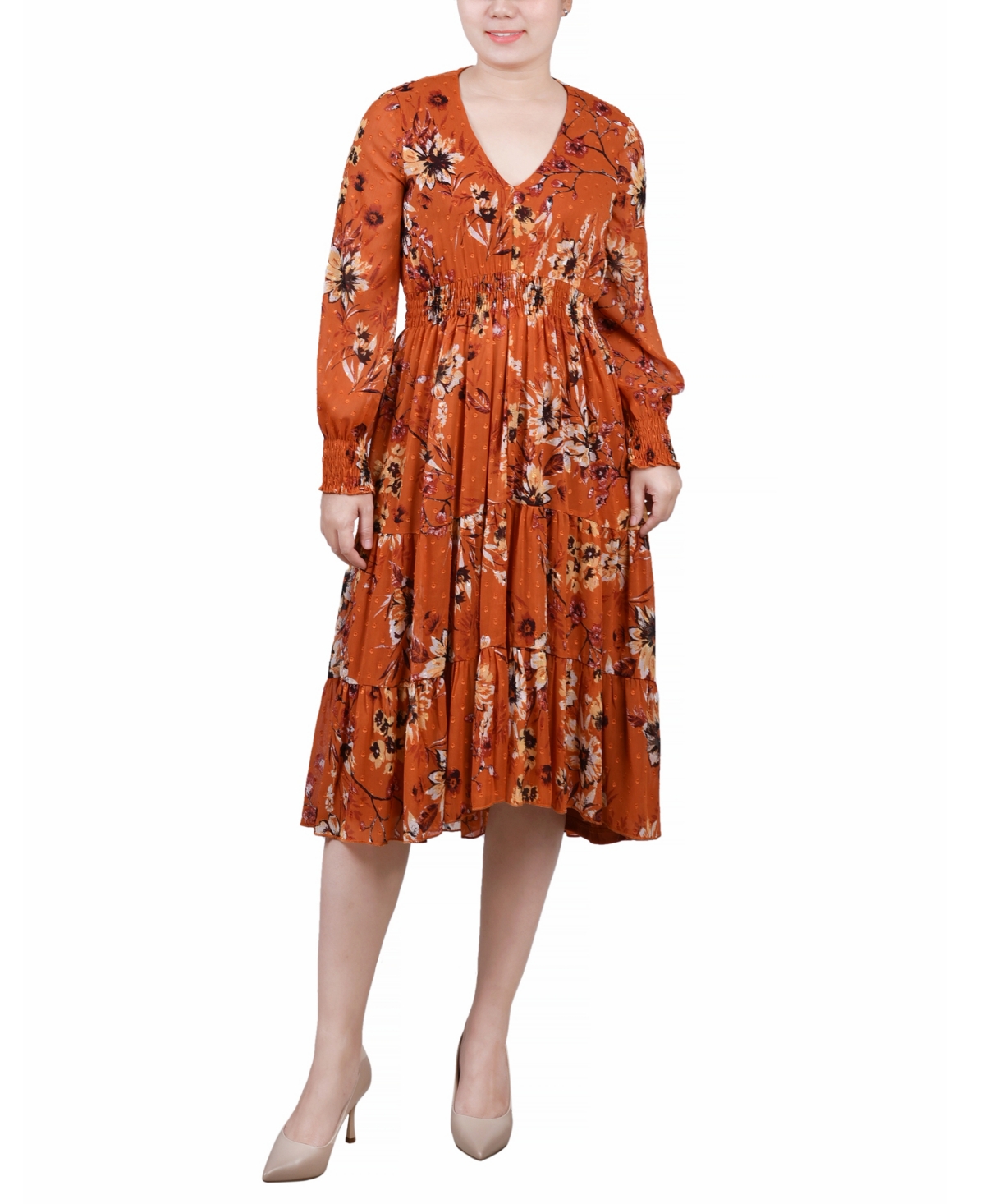 Click here for Womens Long Sleeve Clip Dot Chiffon Dress with Smo... prices