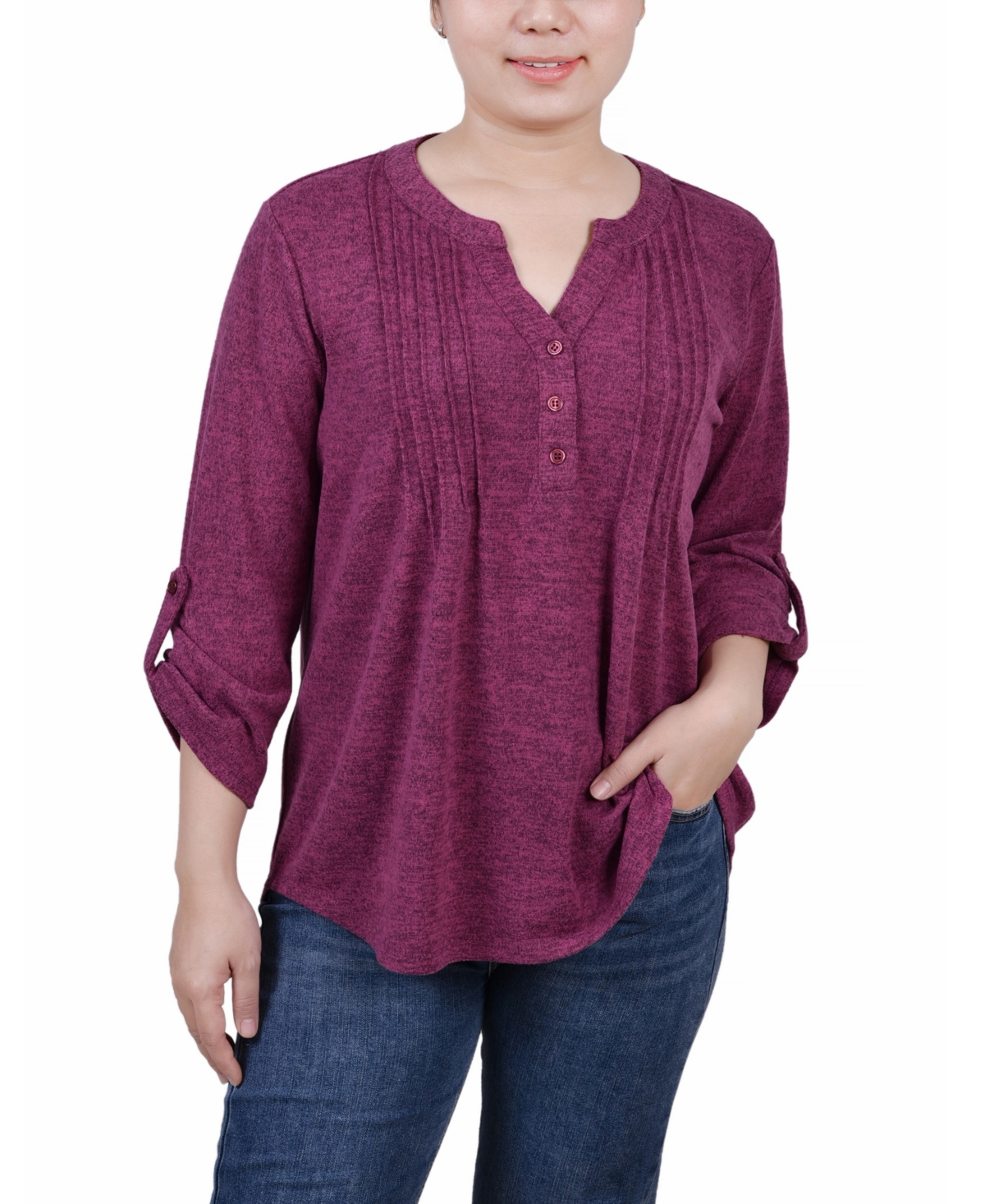 Click here for Womens 3/4 Roll Tab Sleeve Y-Neck Top - Burgundy prices