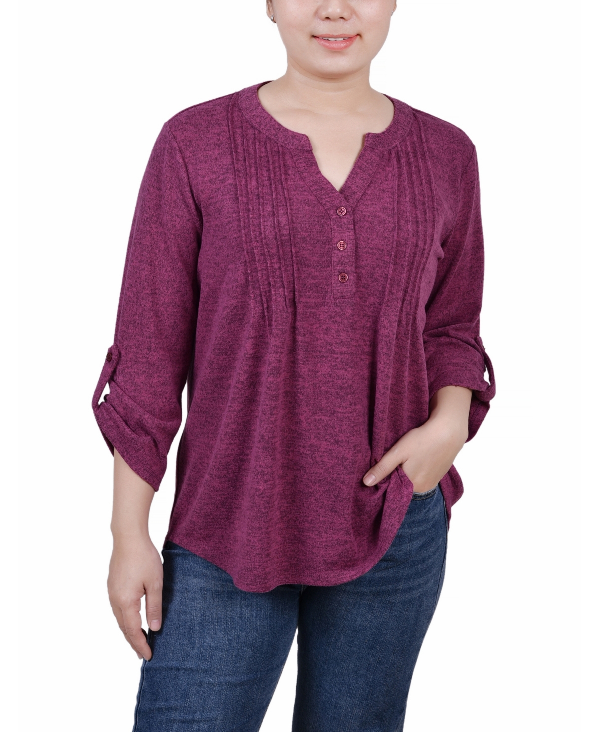 Click here for Womens 3/4 Roll Tab Sleeve Y-Neck Top - Eggplant prices