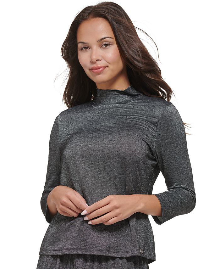 Calvin Klein Womens Long Sleeve Metallic Mock Neck Top And Reviews