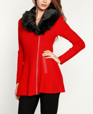 Belldini Black Label Petite Faux Fur Trim Cardigan Sweater - Macy's