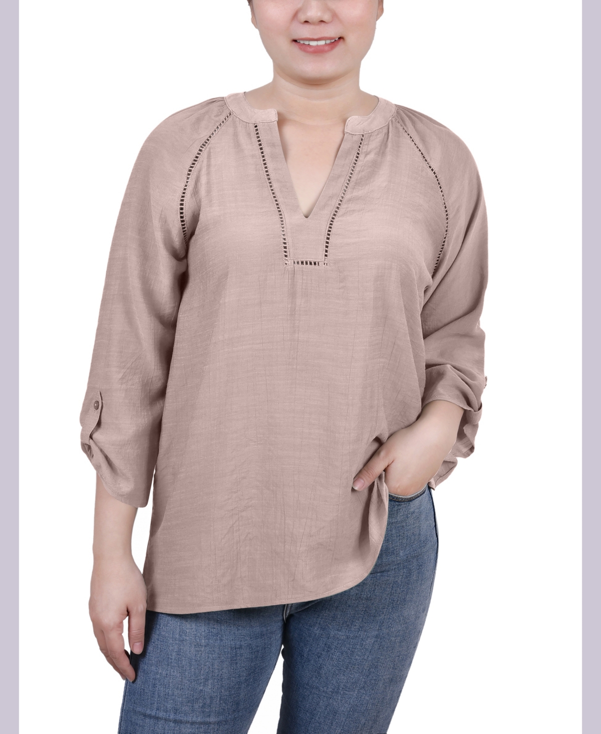 Click here for Ny Collection Petite Raglan Sleeve Split Neck Blou... prices