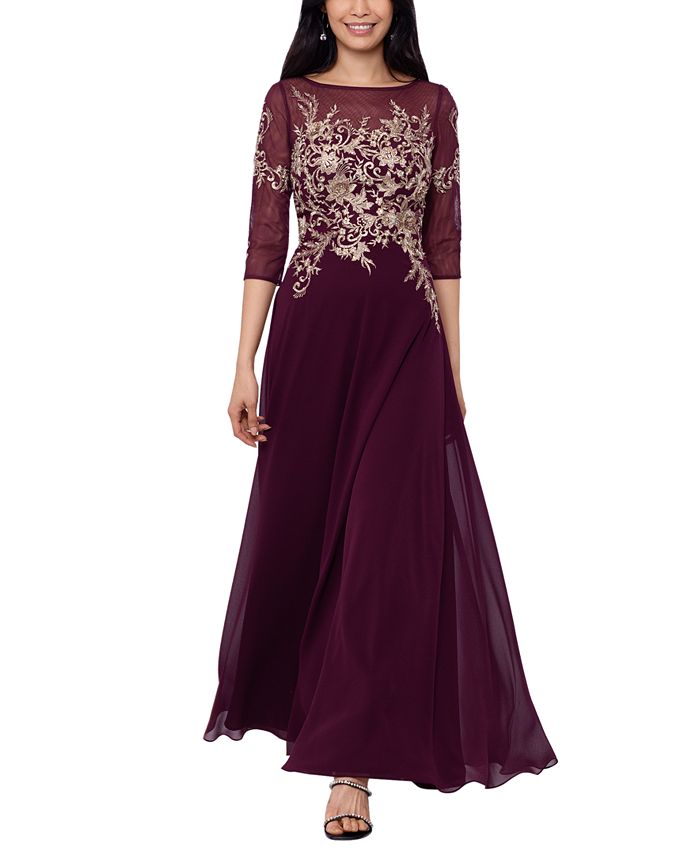Betsy And Adam Embroidered 3 4 Sleeve Gown Macys