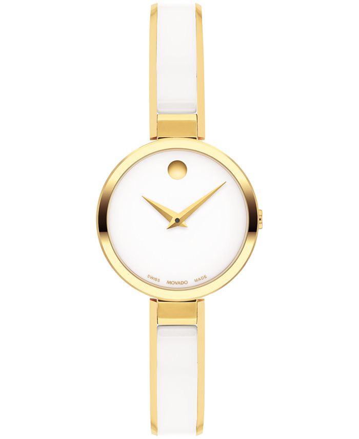 Movado Women's Moda Swiss Quartz White Ceramic Yellow PVD Bangle Watch ...