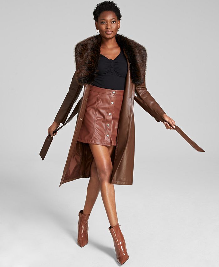 Kenneth Cole Women's Faux-Fur-Trim Faux-Leather Coat - Macy's