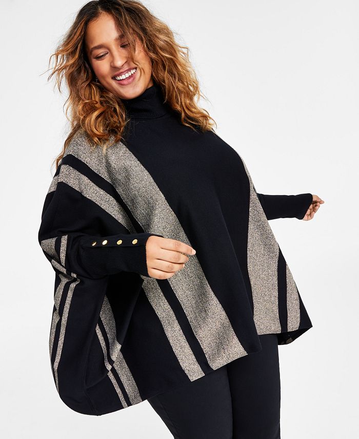Alfani Plus Size Lurex Striped Poncho Sweater, Created for Macy's - Macy's