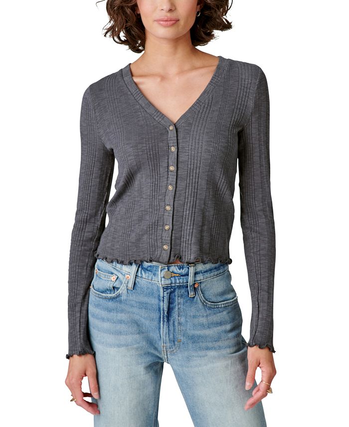 Lucky Brand Women's V-Neck Ribbed-Knit Cardigan Top - Macy's