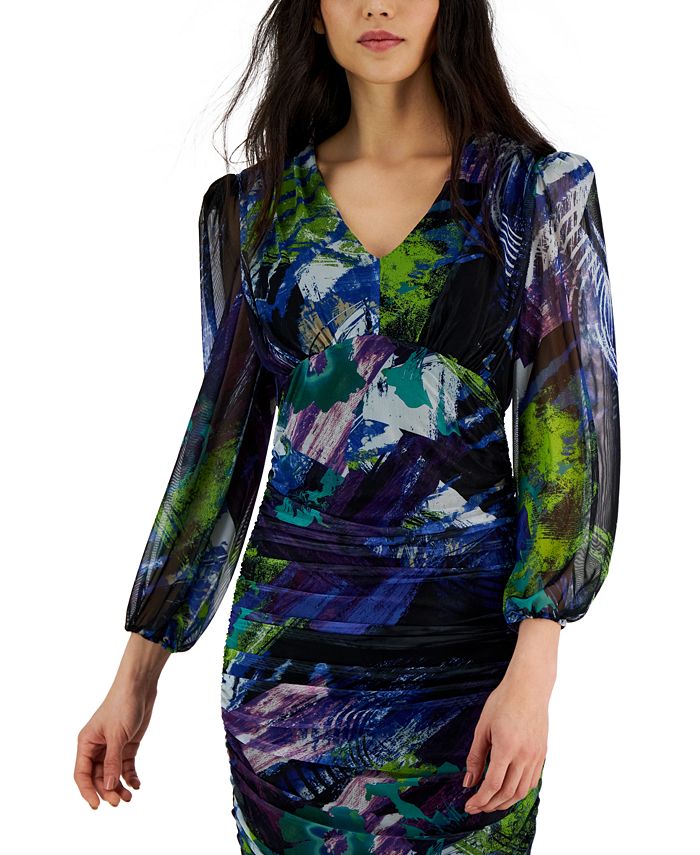Tahari ASL Women's Printed Long-Sleeve Ruched Mesh Dress - Macy's